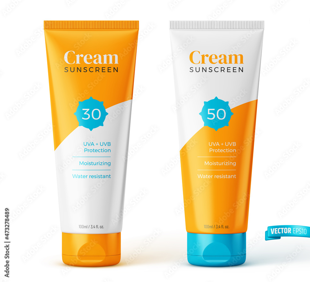 Vector realistic illustration of sunscreen tubes on a white background ...