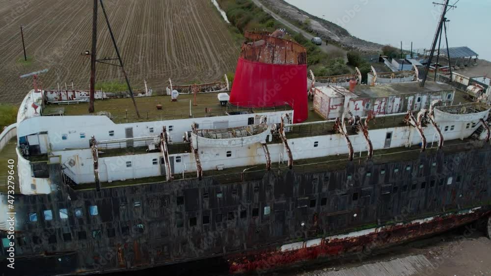 Close up aerial showing the top decks of the TSS Duke of Lancaster ...