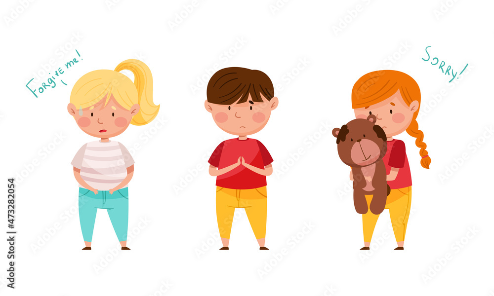 Vetor de Upset cute little children saying sorry set. Good manners of ...