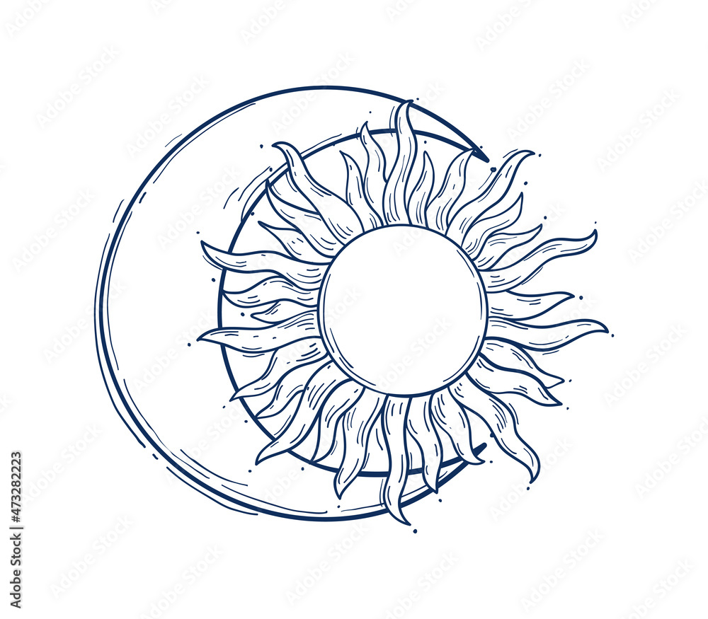 Vintage mystical engraving, the sun and the moon are intertwined with ...