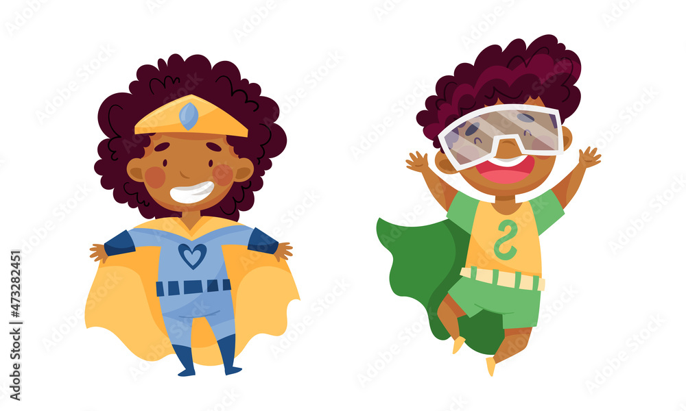 Happy african american girl and boy wearing colorful superheroes ...