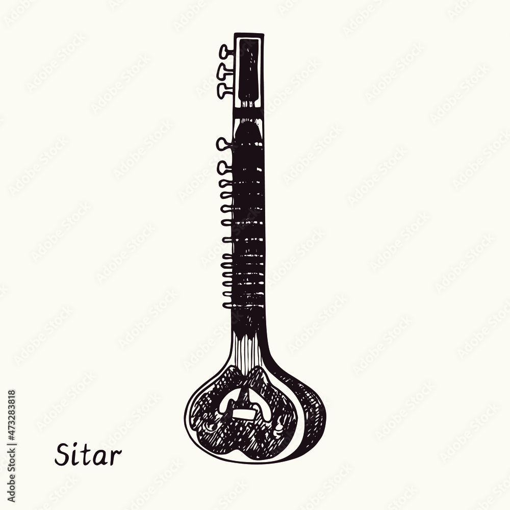 Sitar. Ink black and white doodle drawing in woodcut style with ...