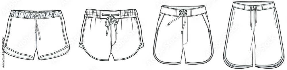 Board shorts, surf shorts, swim shorts fashion flat sketch vector ...