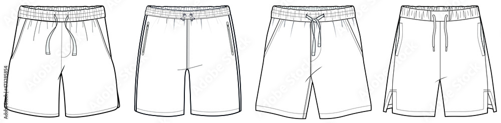 flat sketch set of mens elastic waist drawstring shorts vector ...