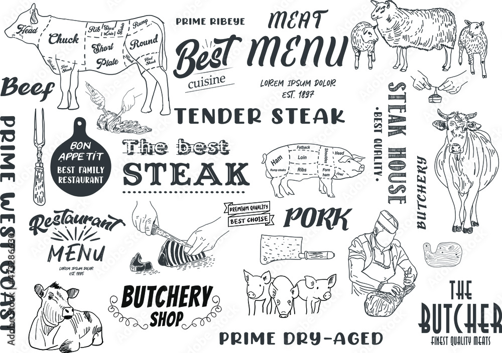 Butcher shop blackboard Cut of Beef Meat. Butchery Cow Food Chalk Board ...