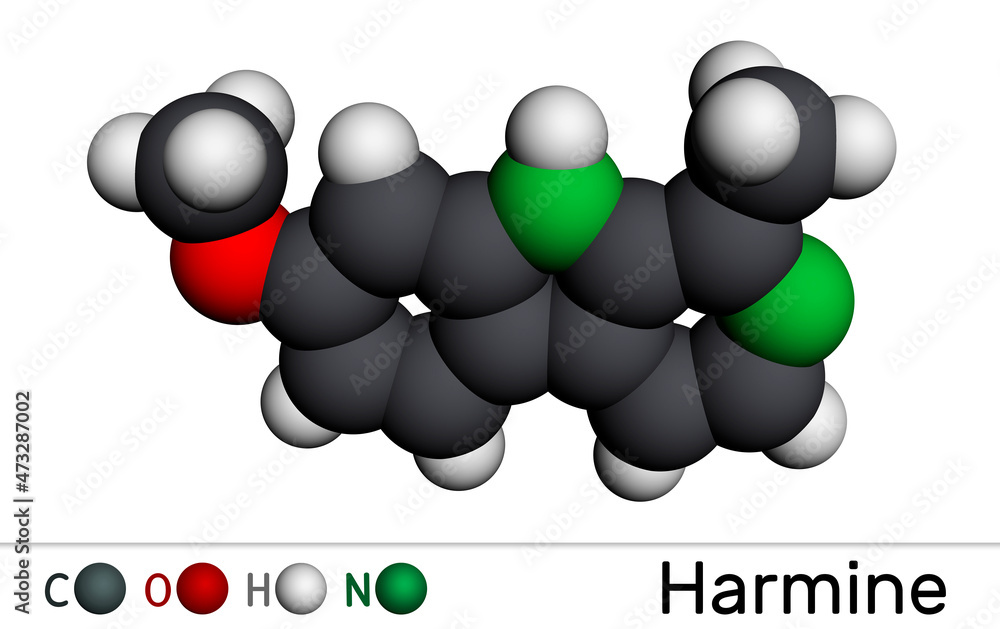 Harmine molecule. It is fluorescent harmala alkaloid, inhibits ...