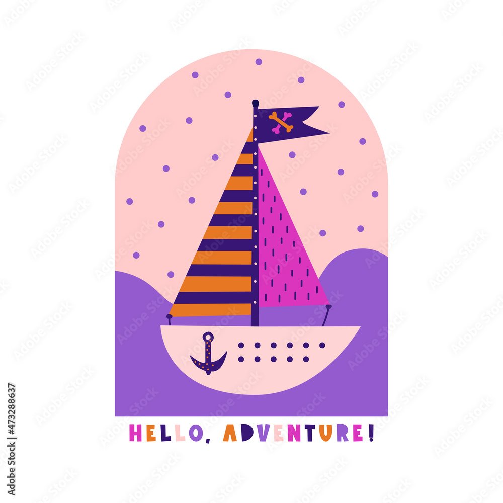 Vector illustration in hand-drawn style. Pirate ship on a pink and ...