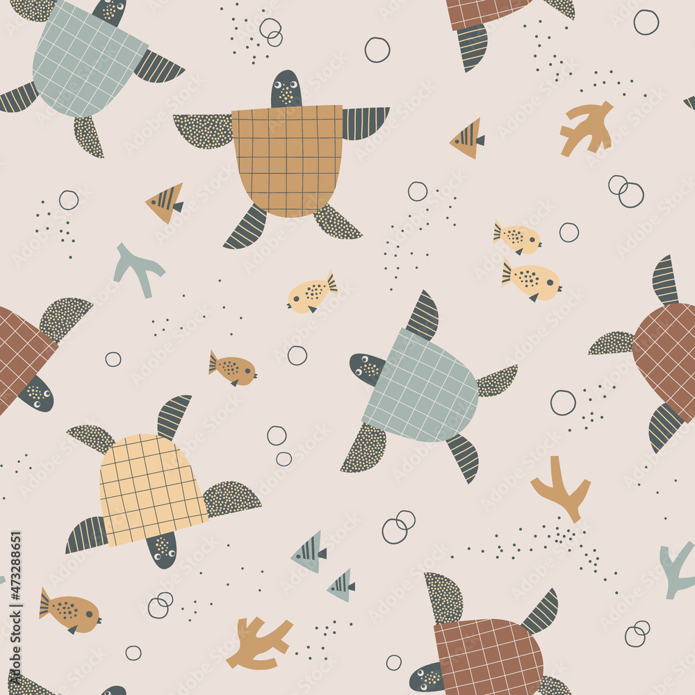 Cute Sea turtles Small fish vector seamless pattern. Boho earthy ...