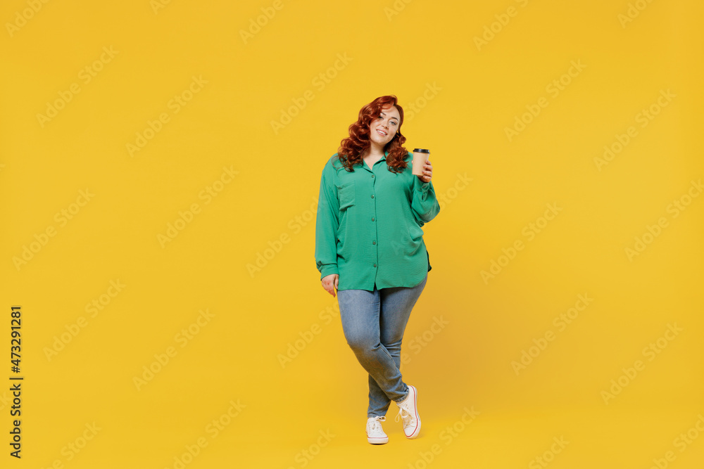 Full size body length bright young ginger chubby overweight woman 20s ...