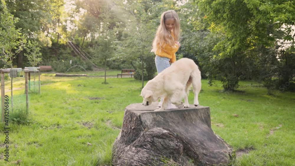 Full length view of the cute blonde child girl standing at the stump ...