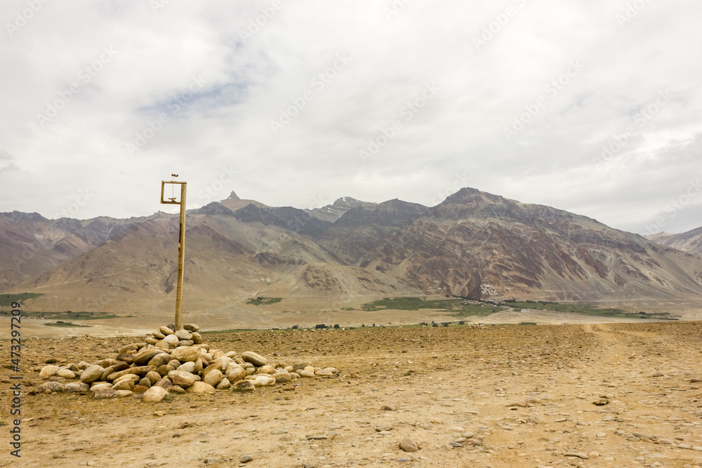 The dry arid cold desert landscape around the village of Padum in ...