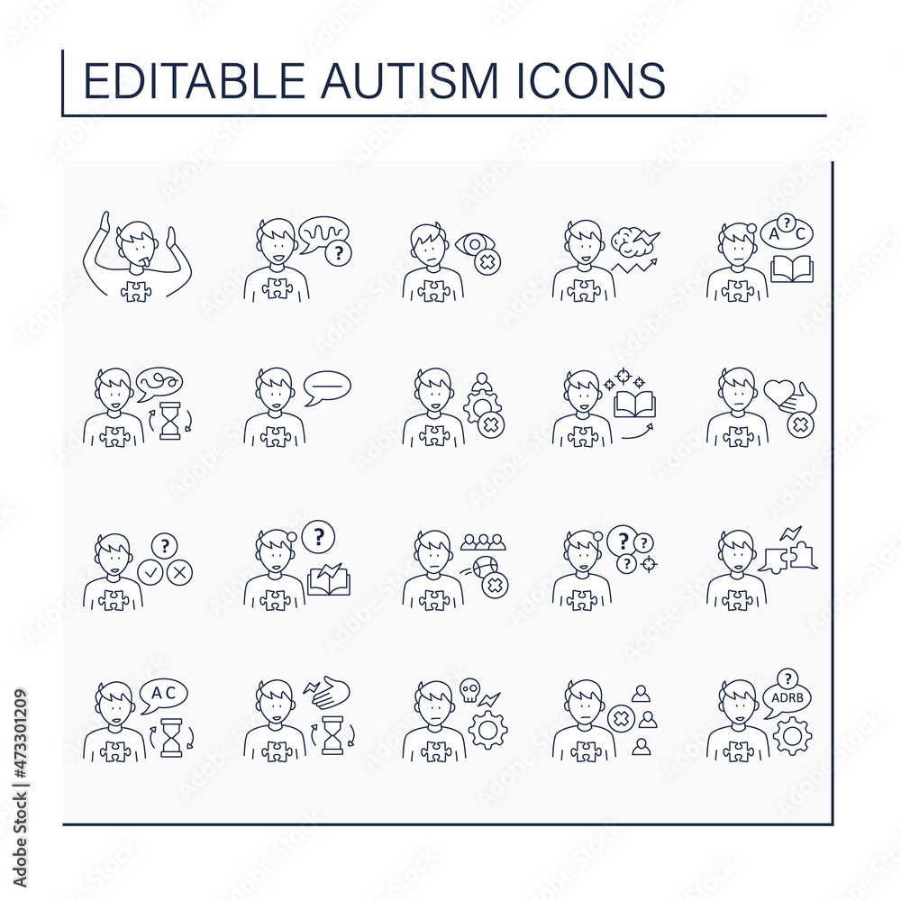 Autism spectrum disorder line icons set. Difficulties with social ...