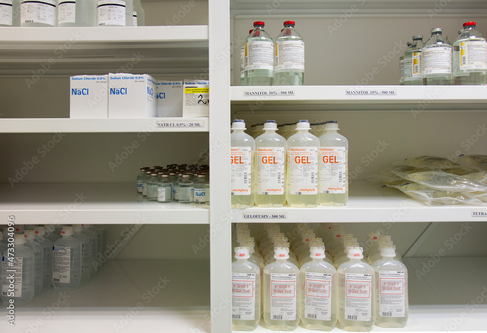 Modern hospital storage facilities, shelves of products for treatment ...
