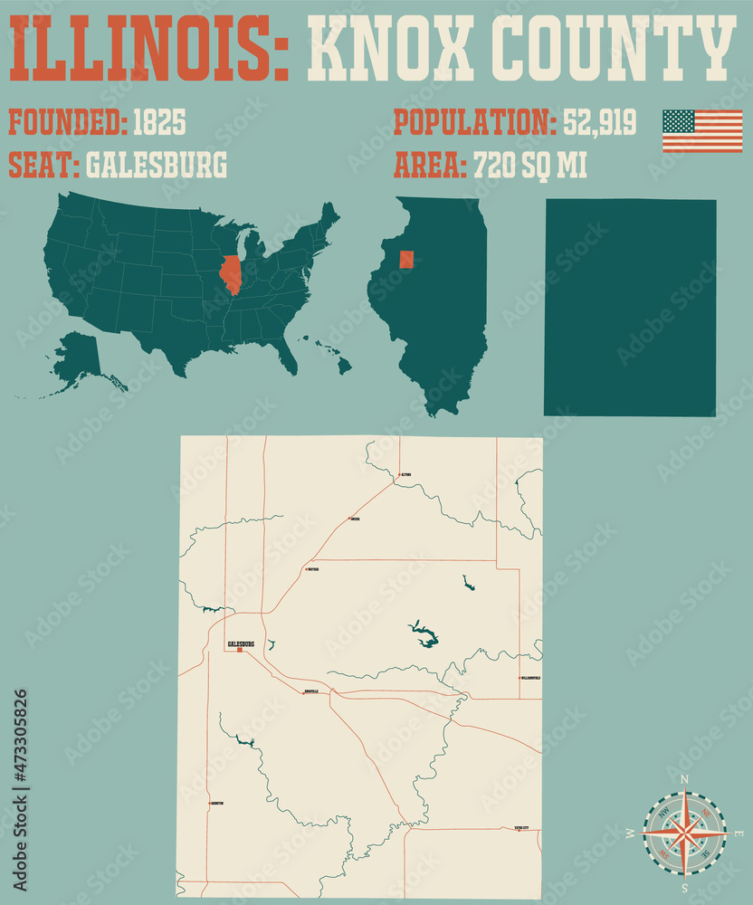 Large and detailed map of Knox county in Illinois, USA. Stock Vector ...