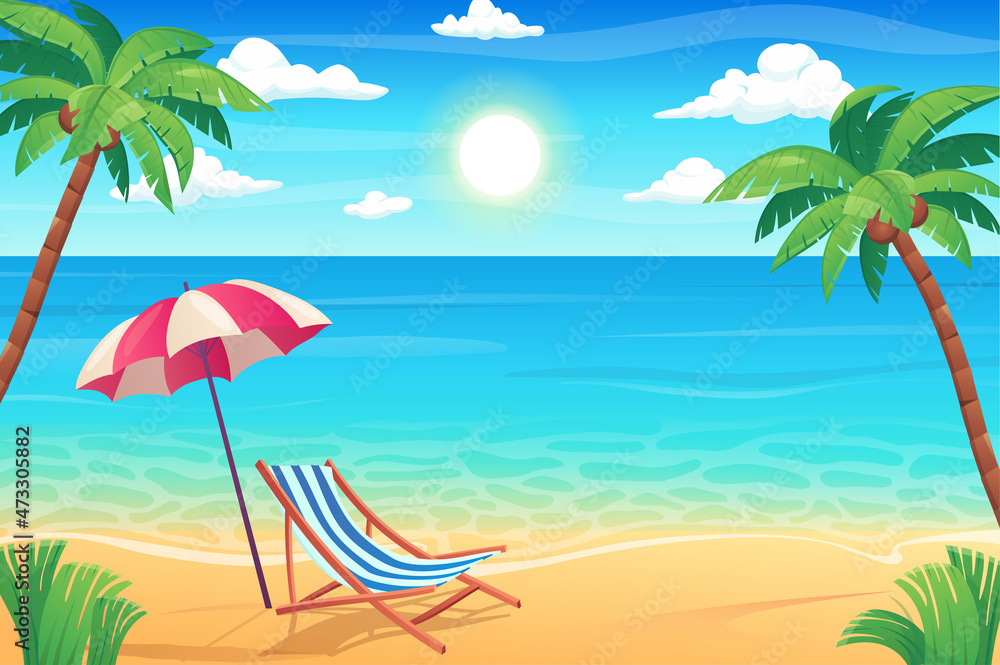 Summertime rest on tropical island concept in flat cartoon design ...
