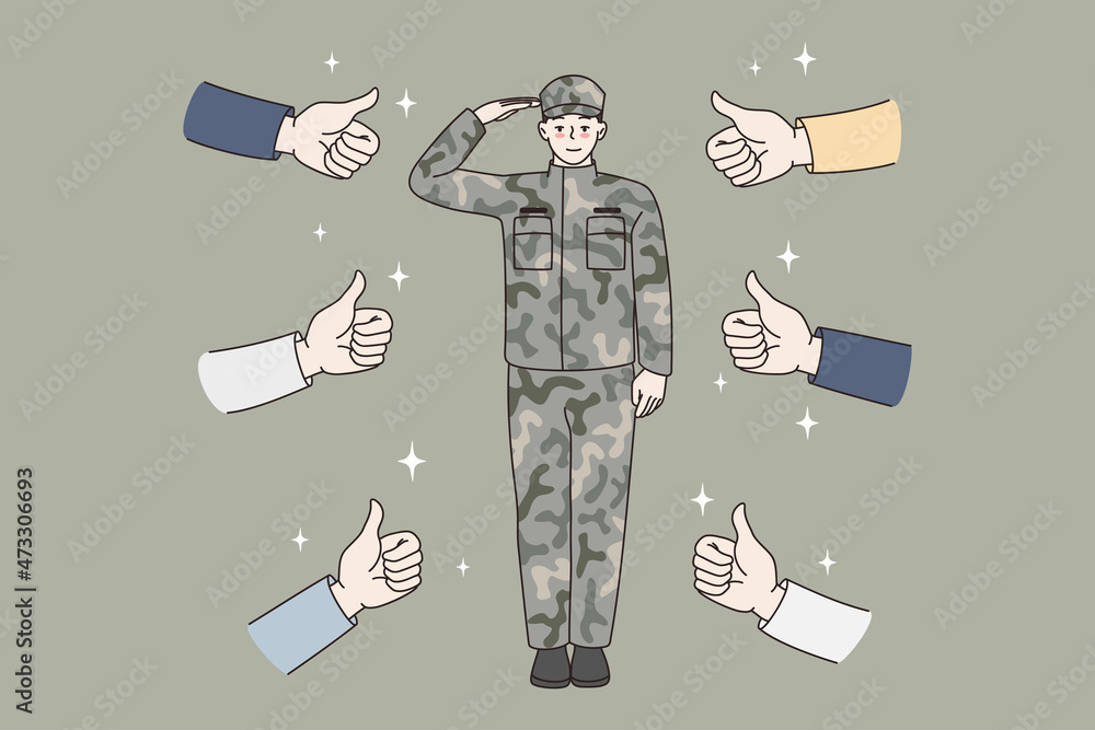 Soldier salutting and approval concept. Young man soldier and ...
