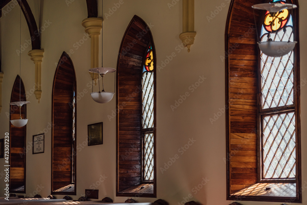 Stained glass Interior windows of old church Stock Photo | Adobe Stock