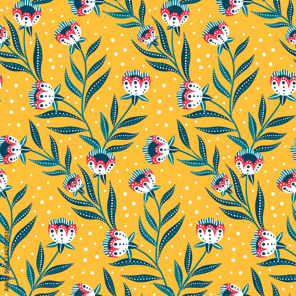 Seamless pattern with decorative flowers in traditional folk style ...