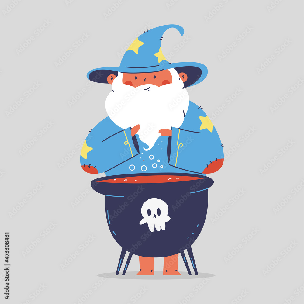 Cute wizard with cauldron vector cartoon character isolated on ...