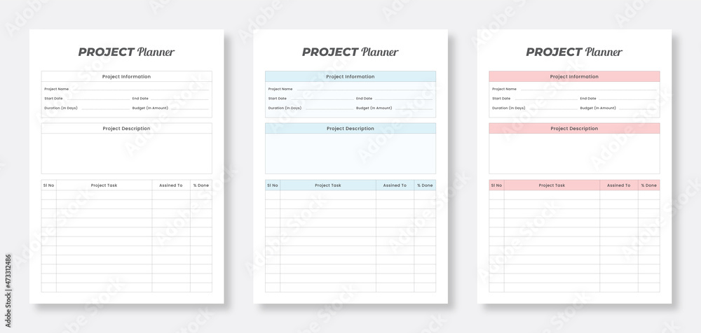 3 Set of Minimalist planner template design. Project planner template ...
