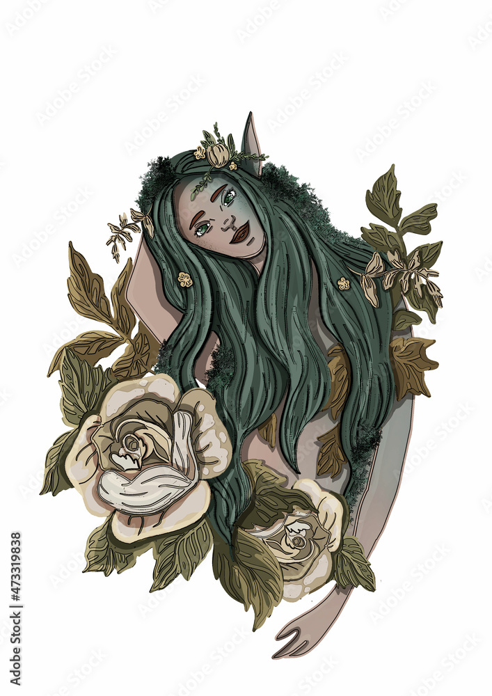 Swamp nymph with pointed ears and long green hair in dense vegetation ...