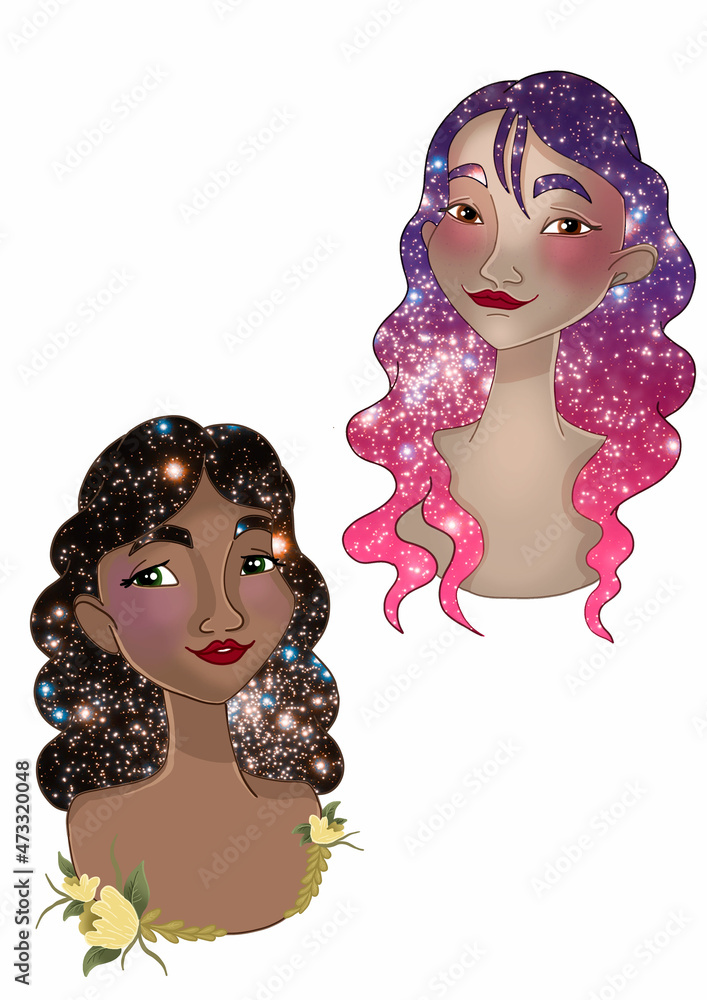 Cartoon characters without background, portraits of two pretty girls ...