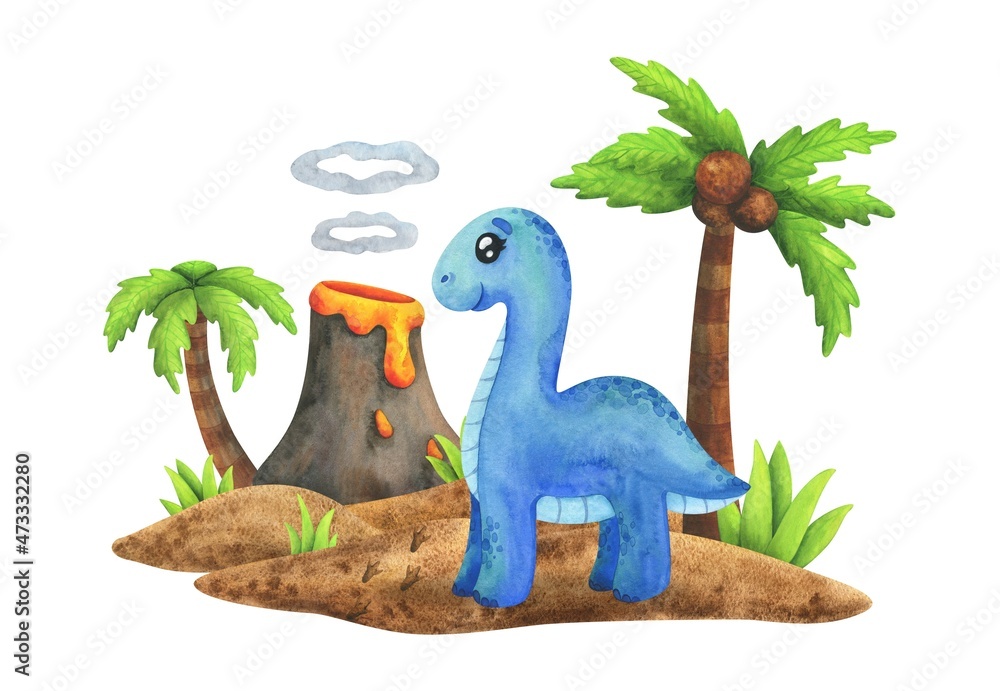 The blue diplodocus lives on an island with a volcano and palm trees ...