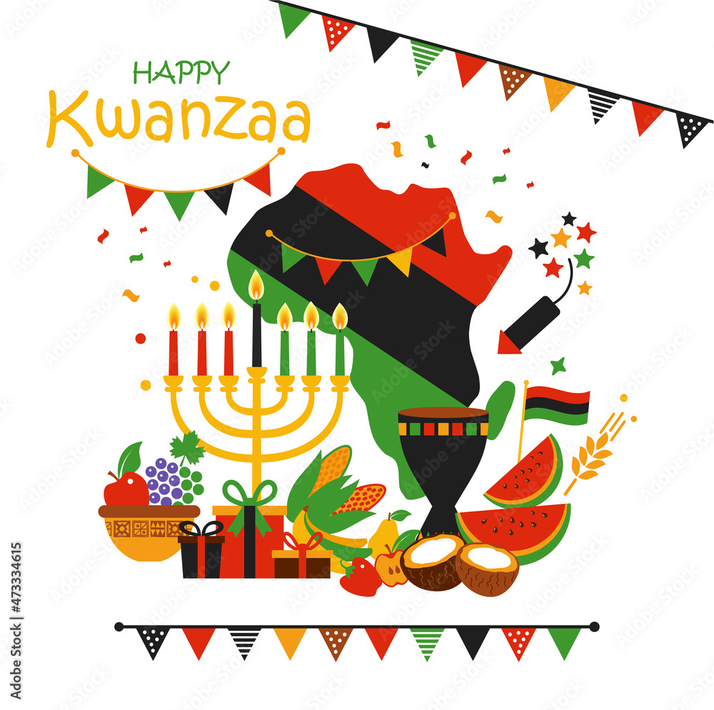 Vector card of celebration Happy Kwanzaa. Holiday symbols on white ...
