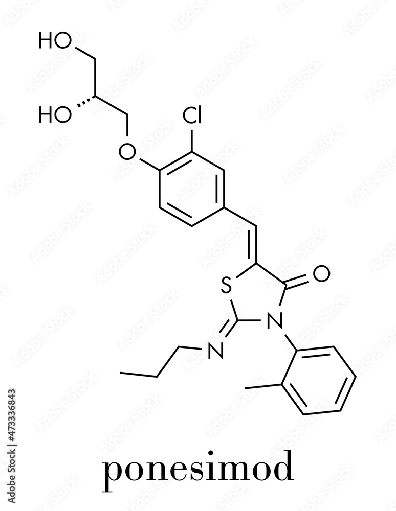 Ponesimod anti-inflammatory drug molecule (S1PR1 modulator). Skeletal ...