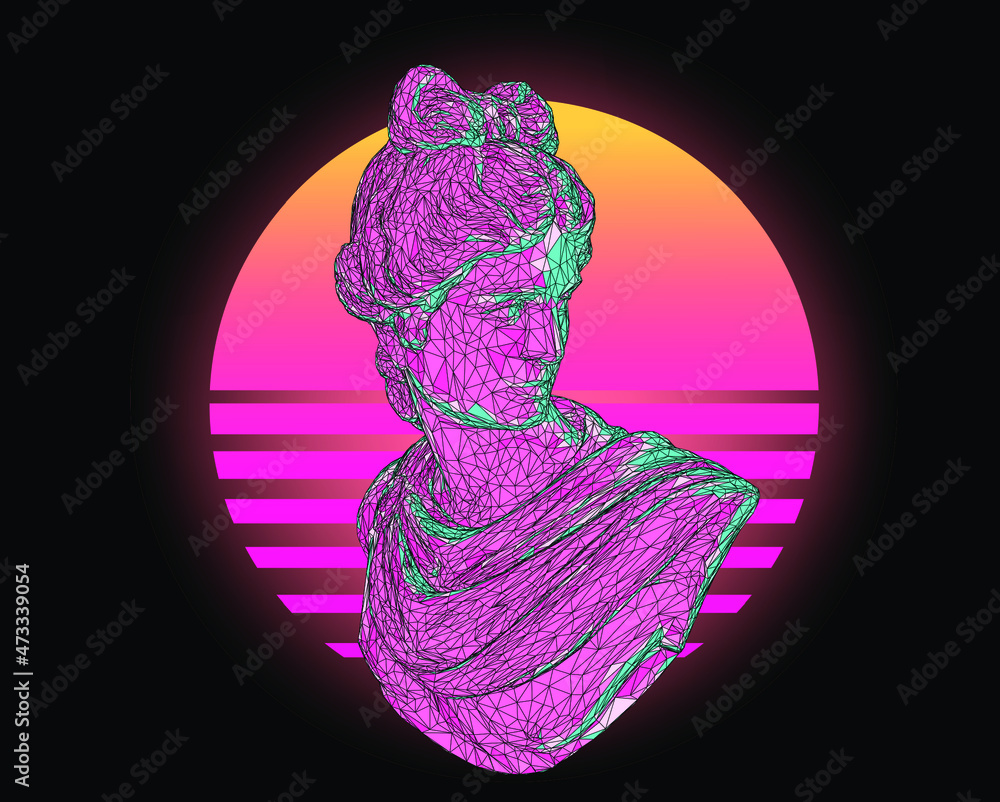Retrofuturistic vaporwave style 3D illustration of a low poly Apollo ...