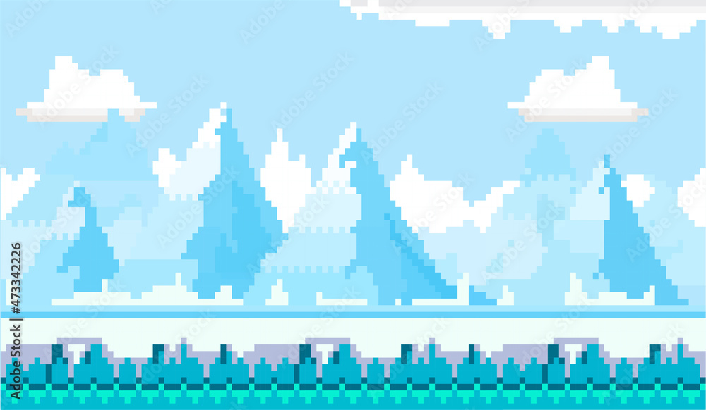 winter pixel art, there are very beautiful blue mountain ranges covered ...
