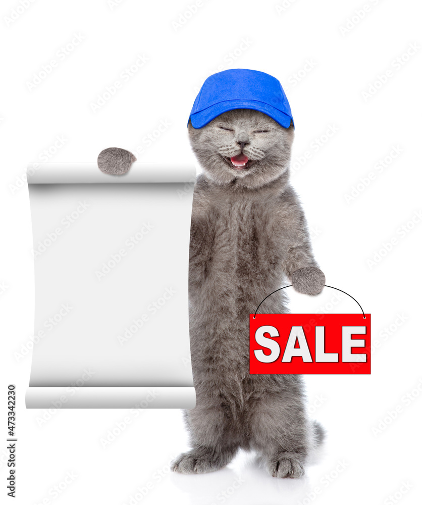 Happpy cat wearing blue cap shows sales symbol and empty list. isolated ...
