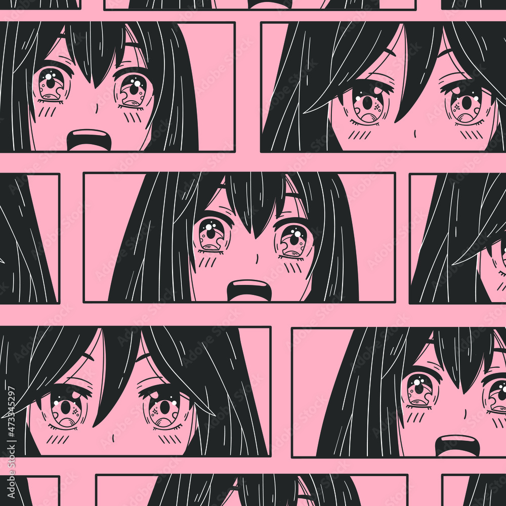 Manga style. Anime characters. Vector pink seamless pattern. Wallpaper ...