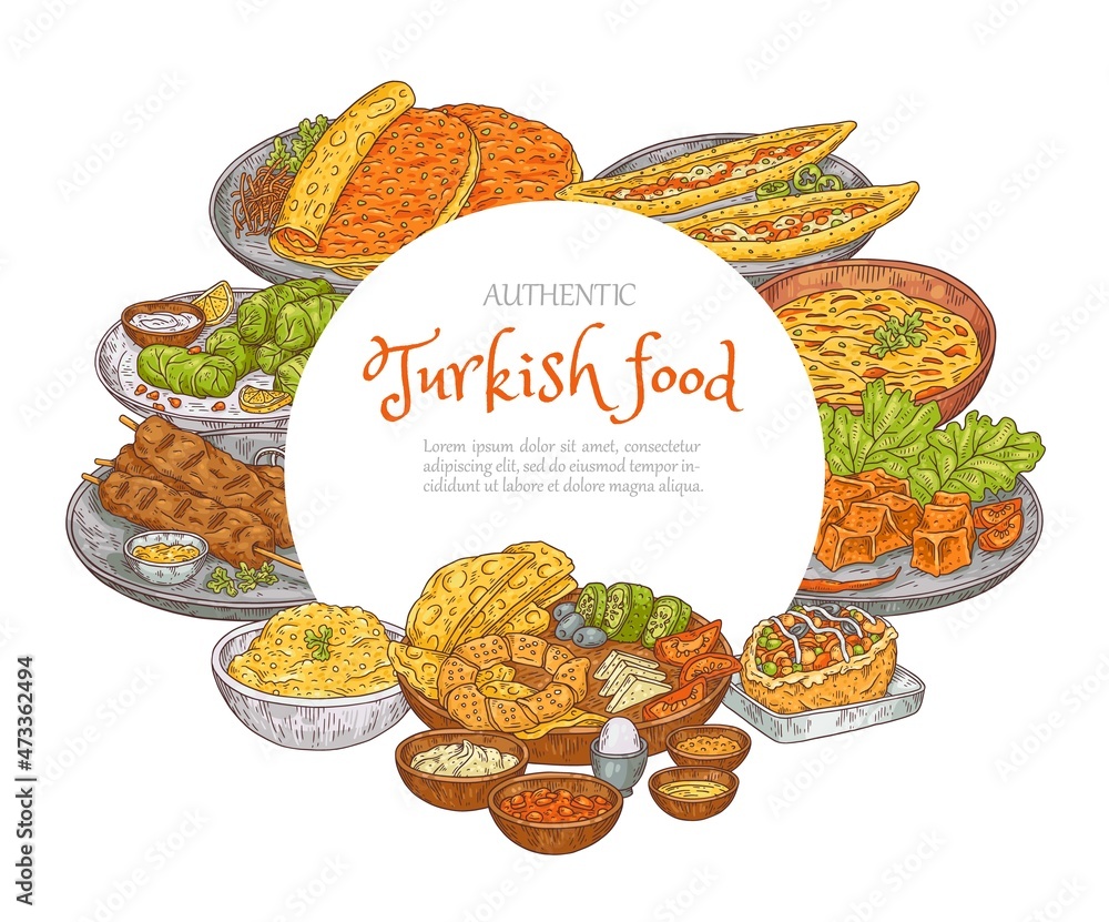 Turkish food banner with circle frame and copy space for text, sketch ...