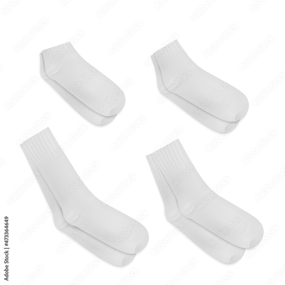 White sport socks vector mockup. Calf, ankle, low cut and middle length ...