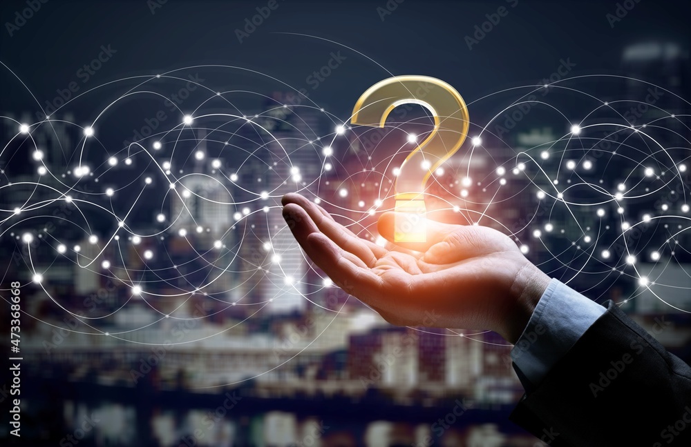 Asked questions concept. Hand touch digital screen hologram question ...