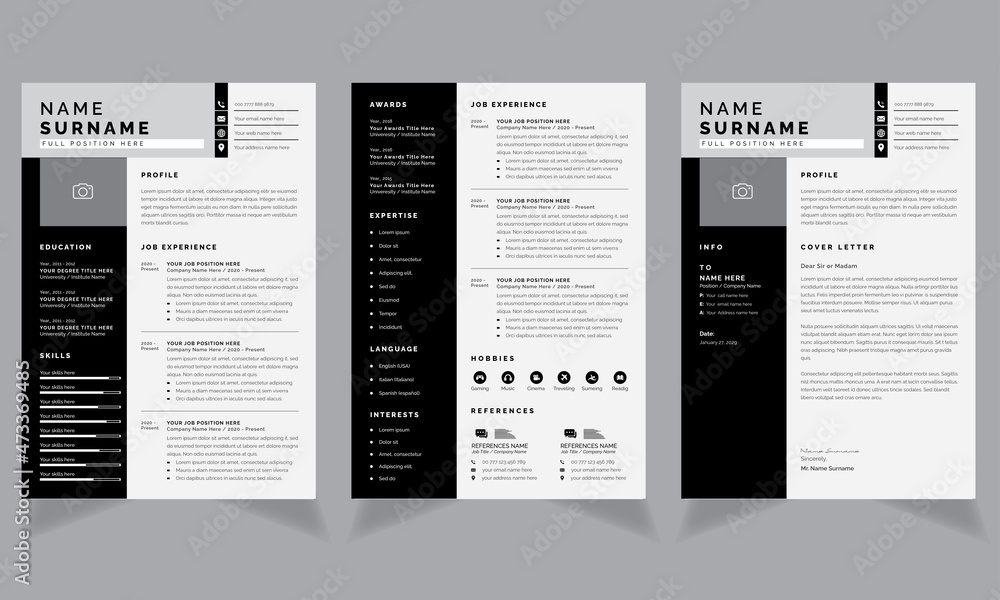 Professional Resume Layout with Black Sidebar and Cover Latter Stock ...