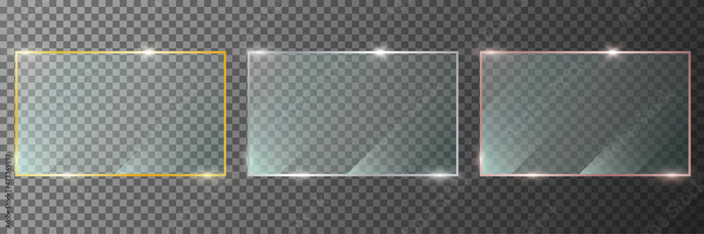 Set of frames with glass on transparent background. Gold, silver ...