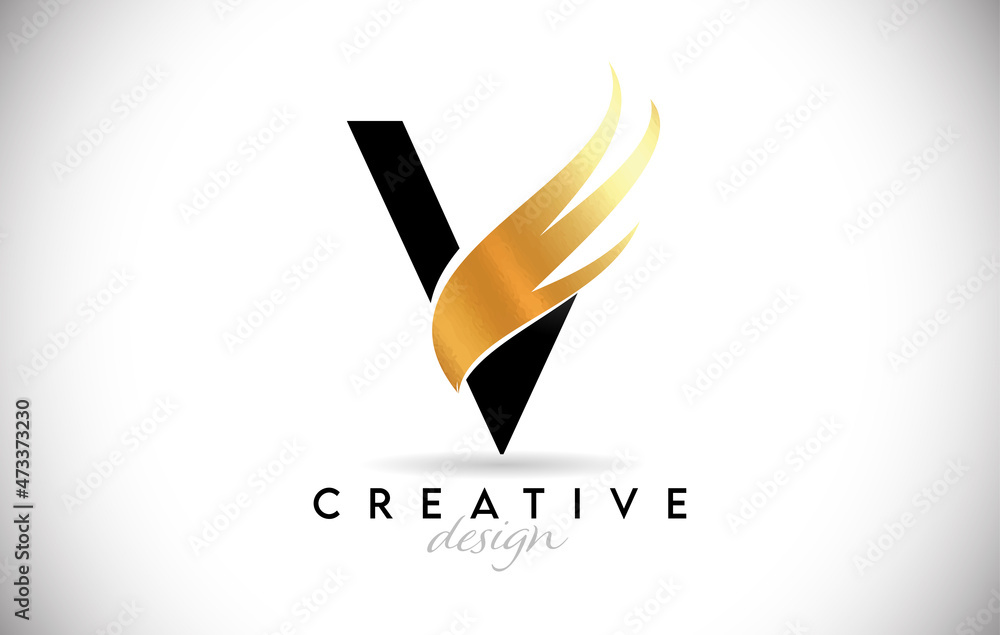 Wing Letter V Logo with Golden Elegant Design. V letter Swoosh Icon ...