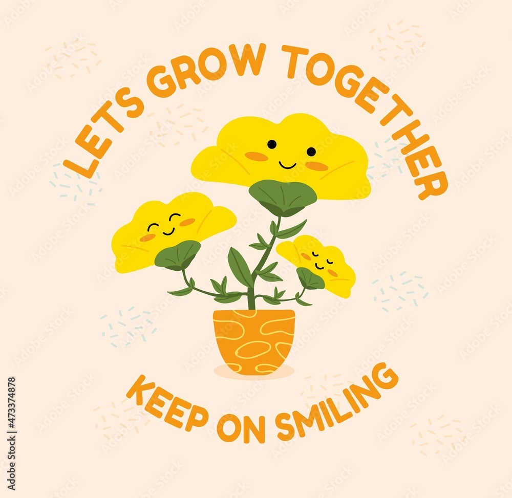 Retro Flower Art concept. Colorful poster with cute smiling flower in ...