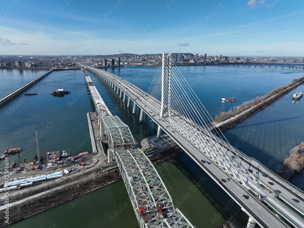 Aerial view of the new Pont Samuel de Champlain and Old Champlain ...