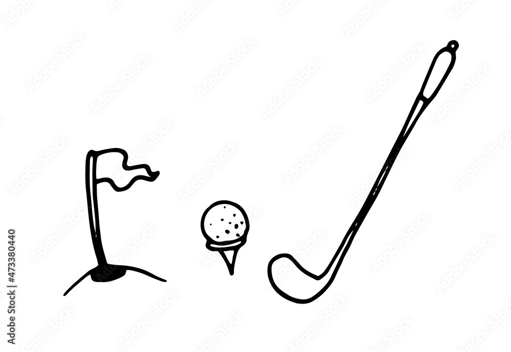 golf icons. A hand-drawn golf club, a ball and a hole with a flag on ...