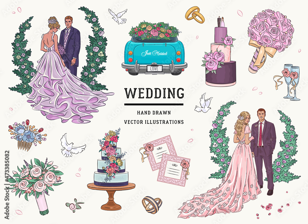 Hand drawn sketch wedding set. Vector illustration Stock Vector | Adobe ...