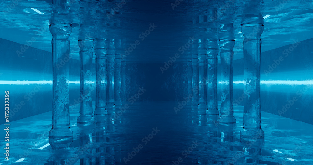 3d rendering. A blue room with a reflective surface with a slave of ice ...
