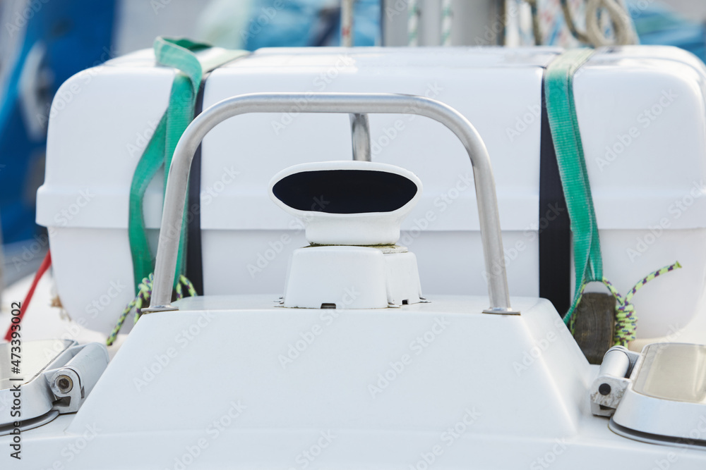 Details of stainless steel air intake on a teak deck of a luxury ...