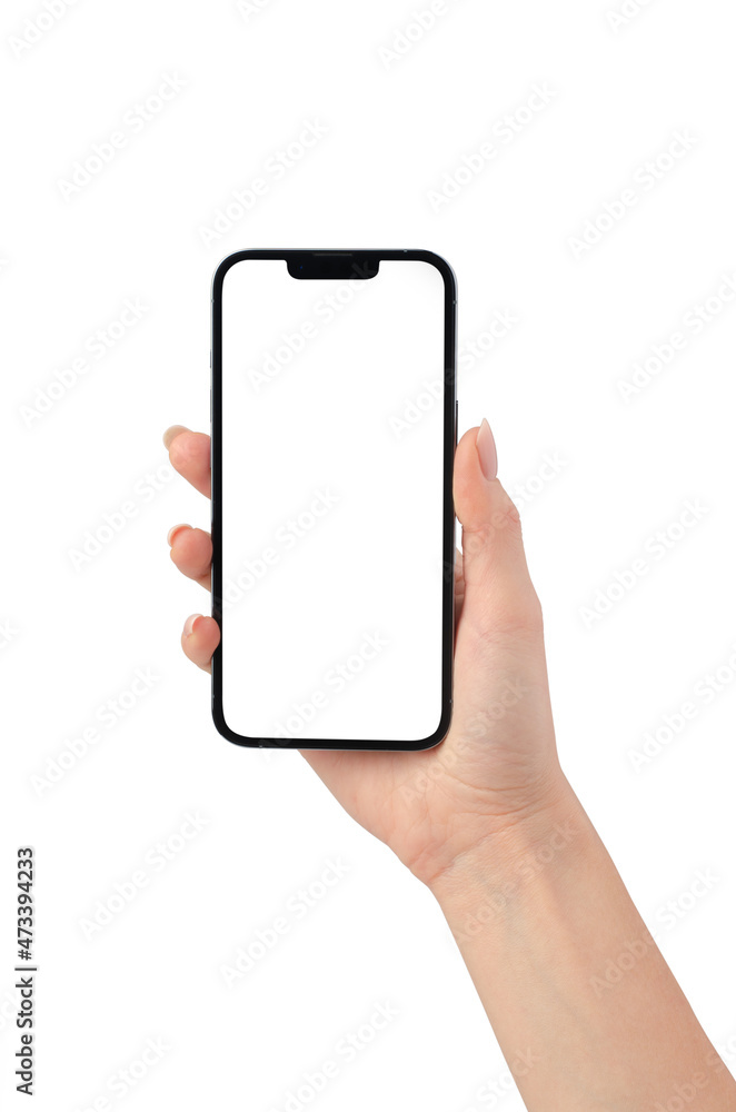 Apple iPhone 13 mock up in a female hand isolated on a white background ...