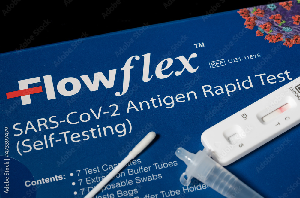 Morgantown, WV - 6 December 2021: Box containing Flowflex self test ...