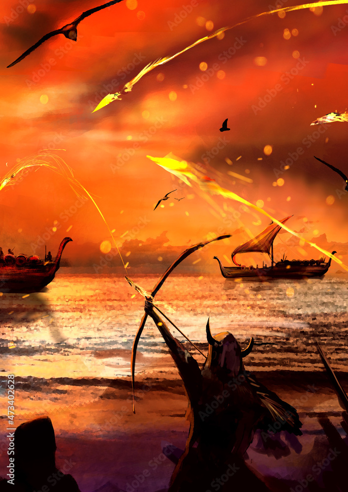 Vikings shoot fiery arrows from bows at dragon boats floating on the ...