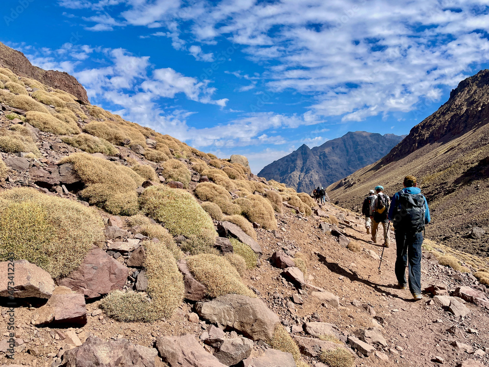 Hikers on Djebel Toubkal trek,North Africa's highest mountain in the ...