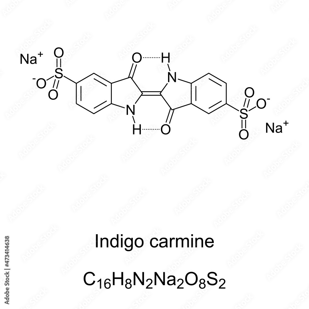 Indigo carmine, chemical formula and structure. Organic salt derived ...